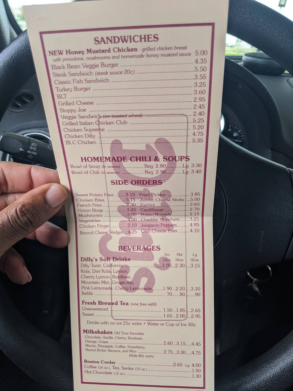 Menu at Dilly's Drive In fast food, Peninsula
