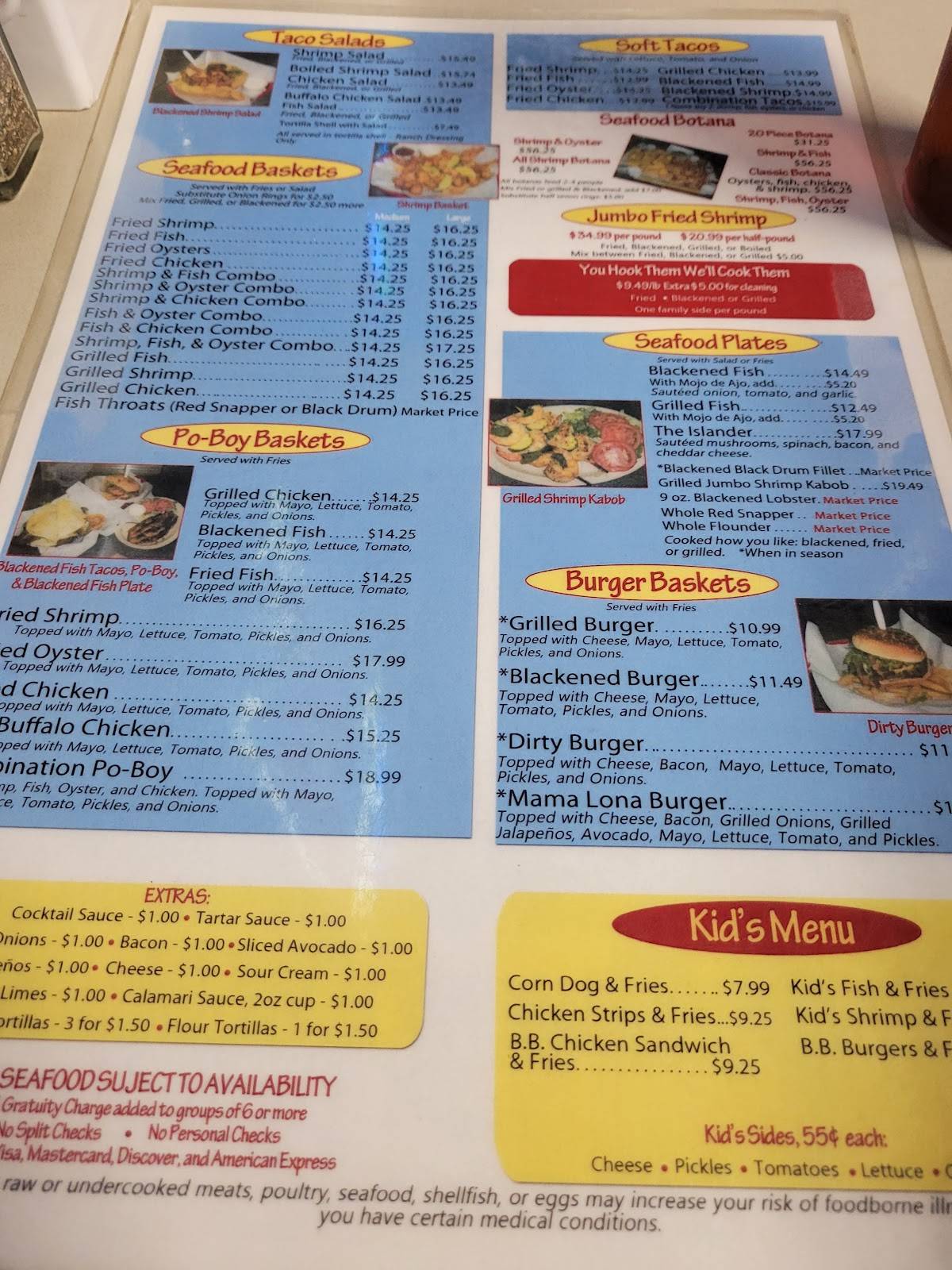 Menu at Dirty Al's restaurant, South Padre Island, State Park Rd 100