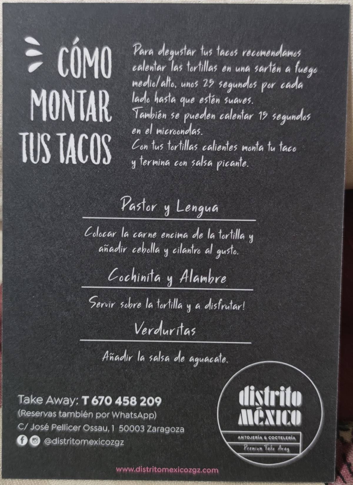 Carta del restaurante Distrito México, Zaragoza