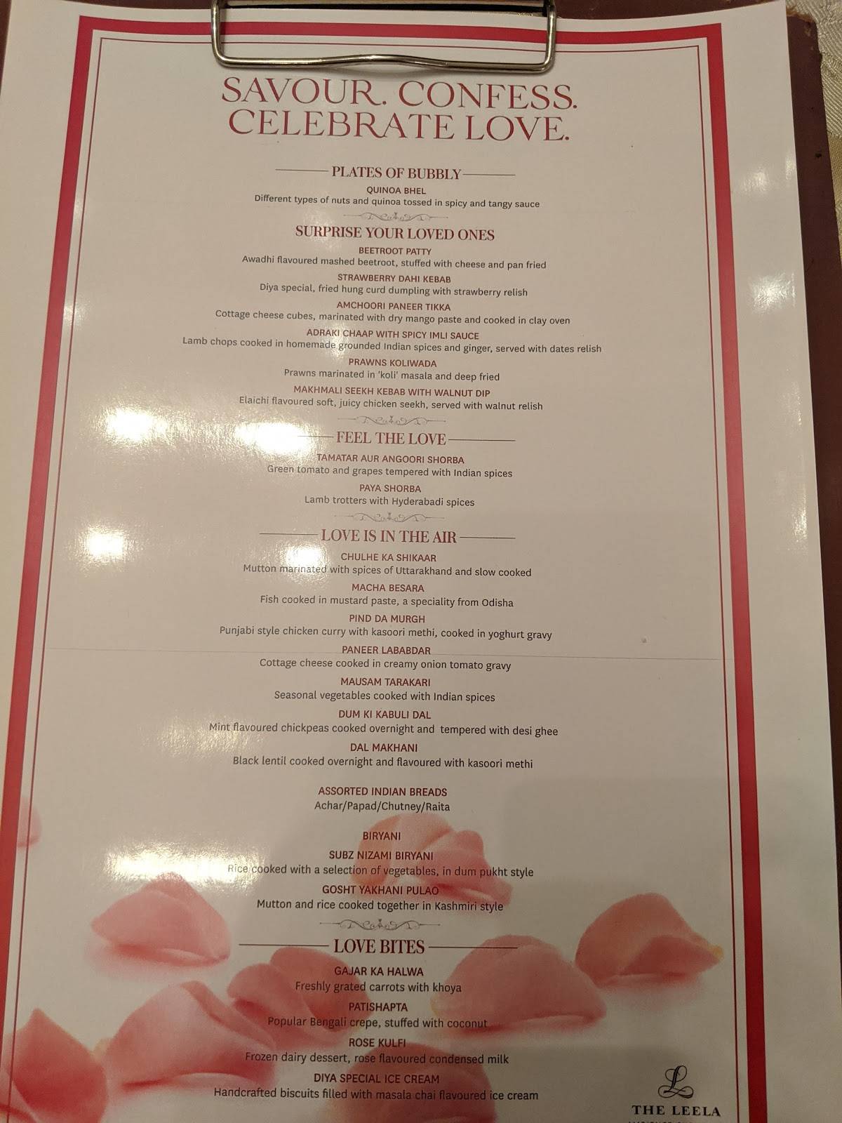 Menu at Diya - The Leela Gurugram, Gurugram, The Leela Ambience ...