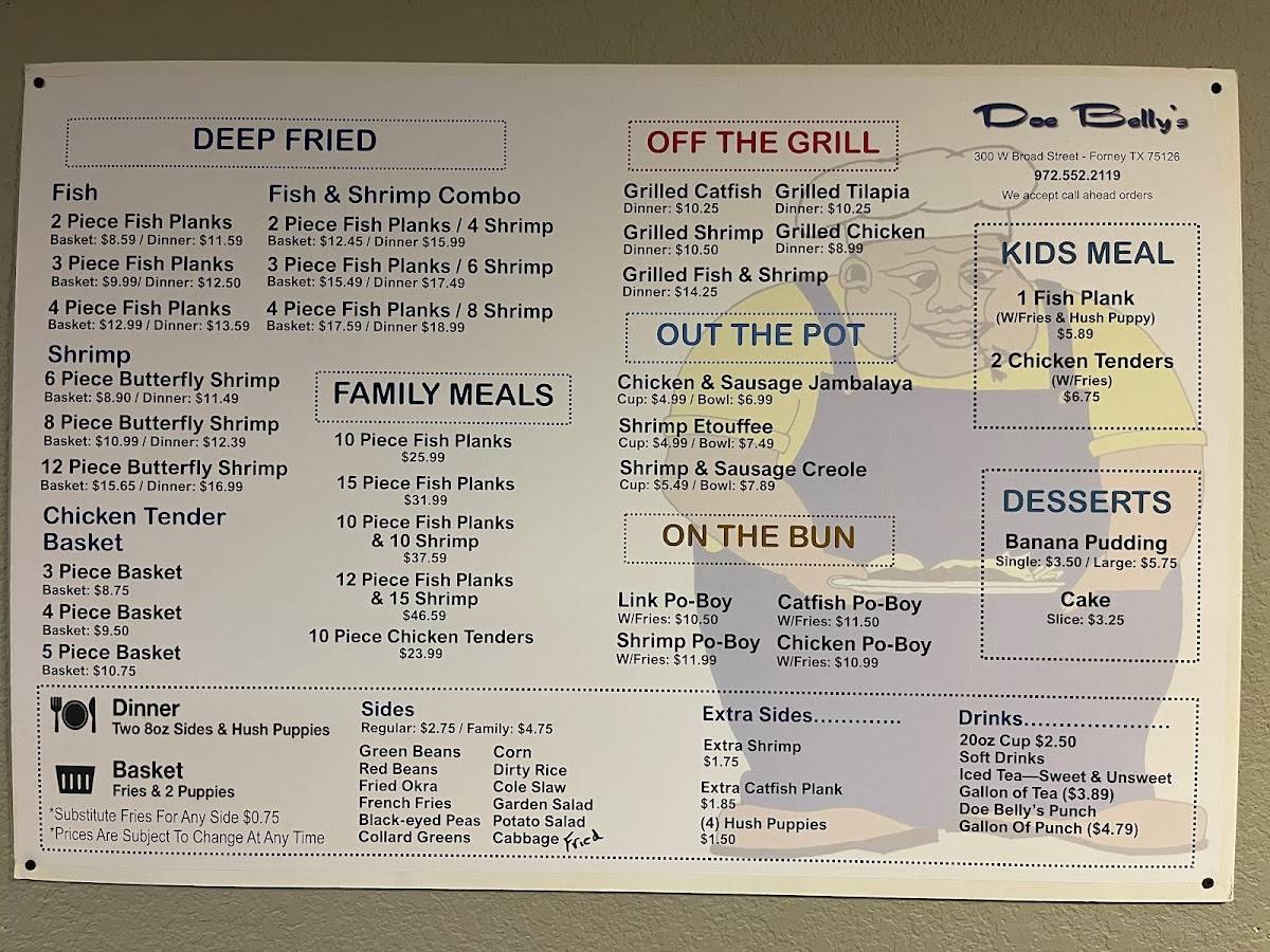 Menu at Doe Belly's restaurant, Forney