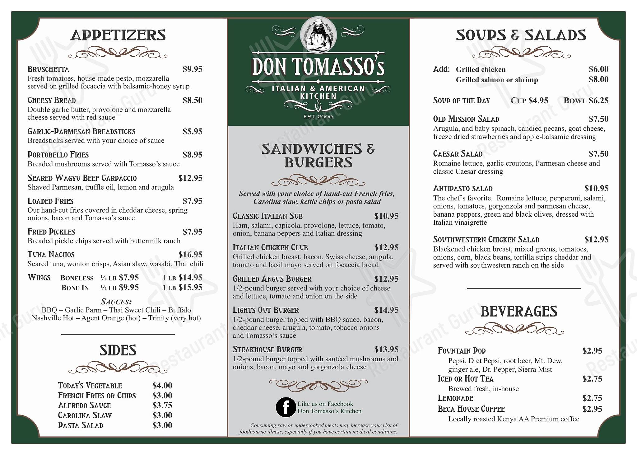 Menu at Don Tomasso's Italian Kitchen pizzeria, Upper Sandusky
