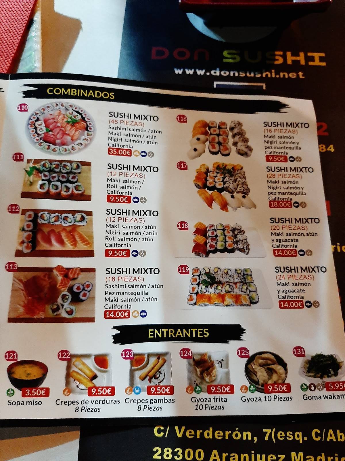 Carta del restaurante Don sushi, Aranjuez