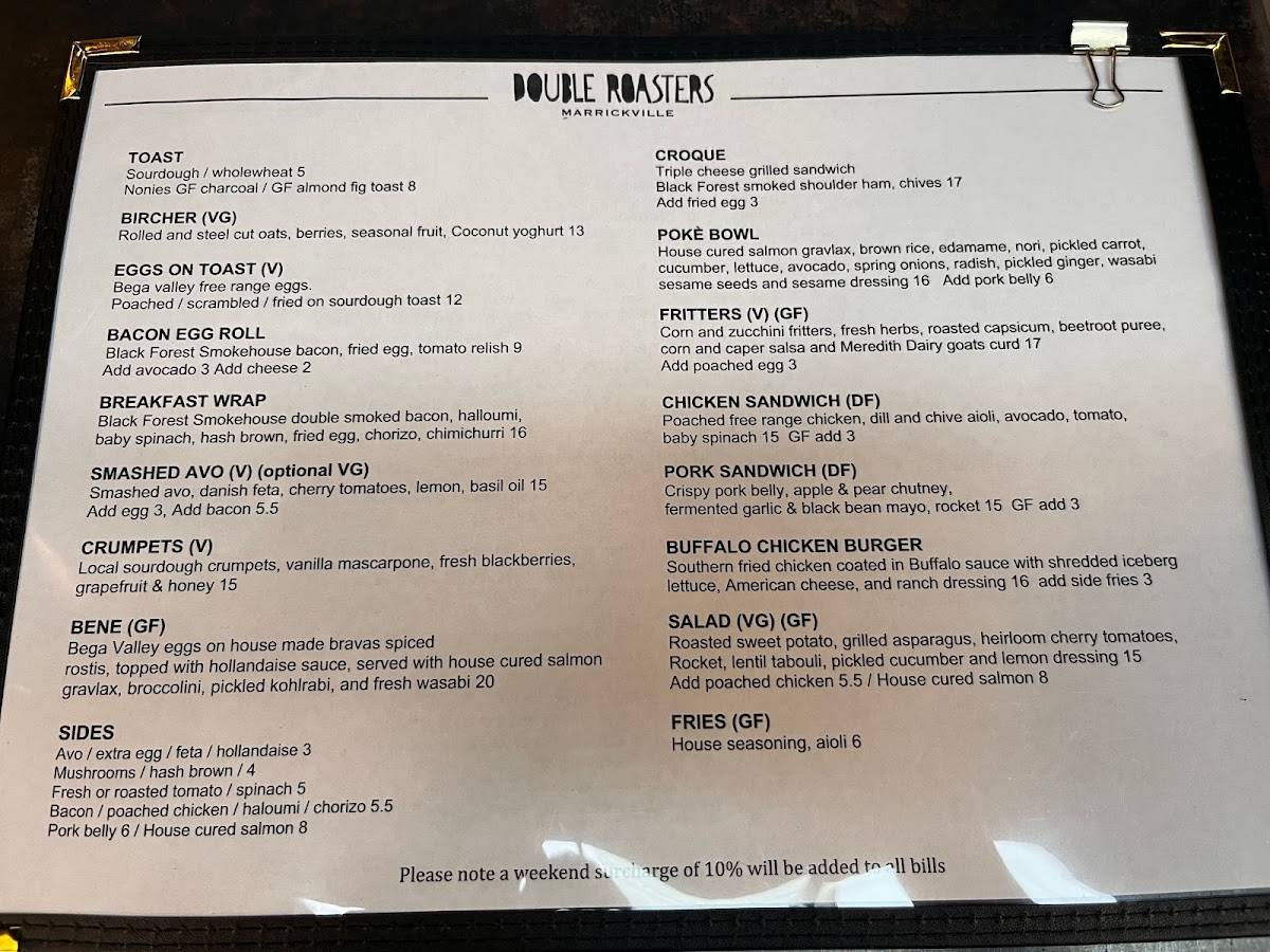 Menu at Double Roasters Cafe, Marrickville, 199 Victoria Rd