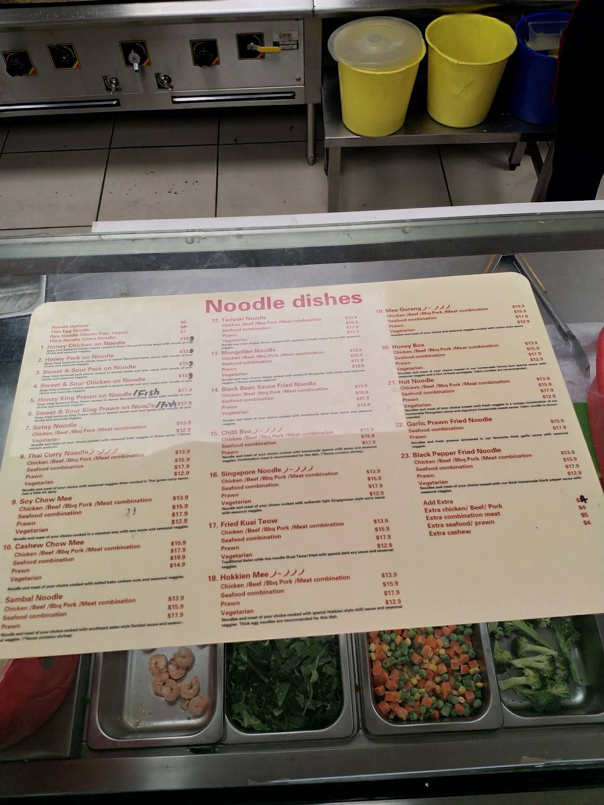 Menu at Noodle Box restaurant, Dunedin, 179 King Edward St
