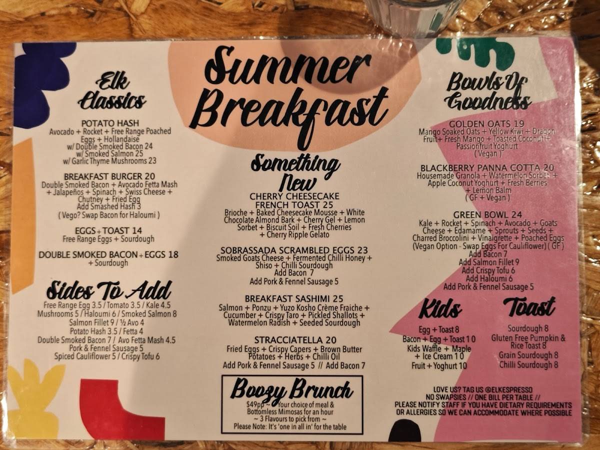 Menu at ELK Espresso cafe, Gold Coast, Shop G044 Oasis Shopping Centre