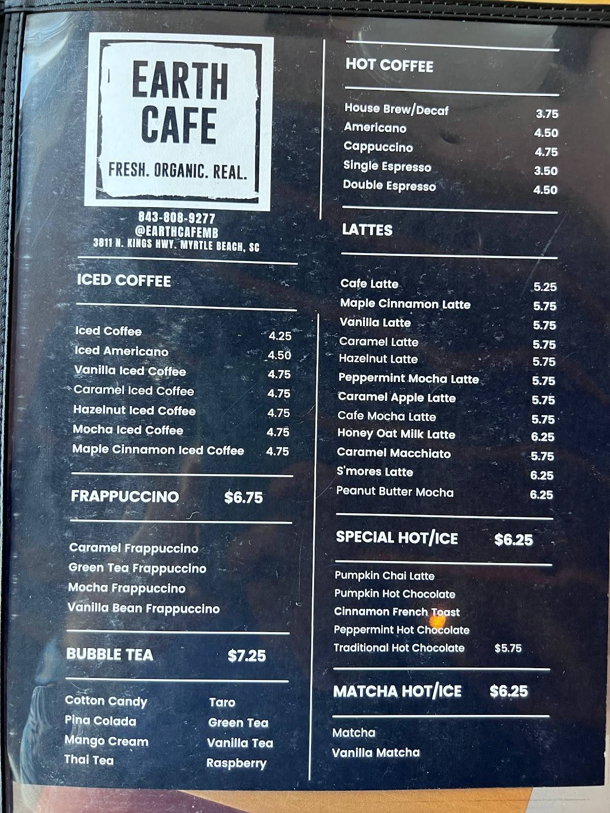 Carta de Earth Cafe, Myrtle Beach