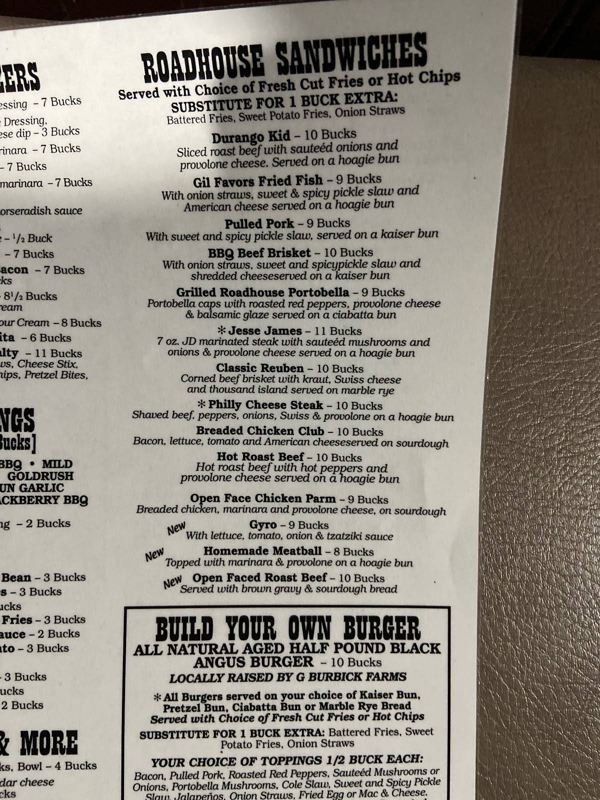 Menu at The Original Roadhouse steakhouse, East Palestine