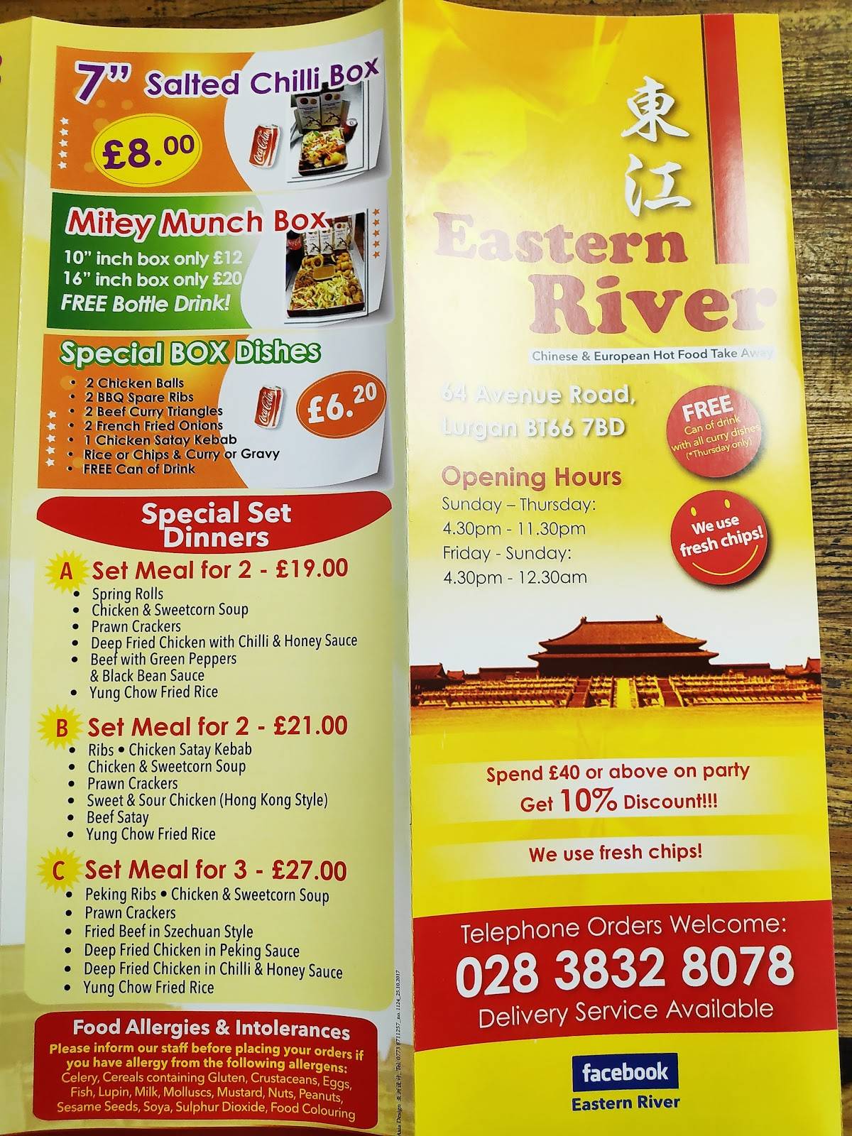 Menu at Eastern River fast food, Lurgan