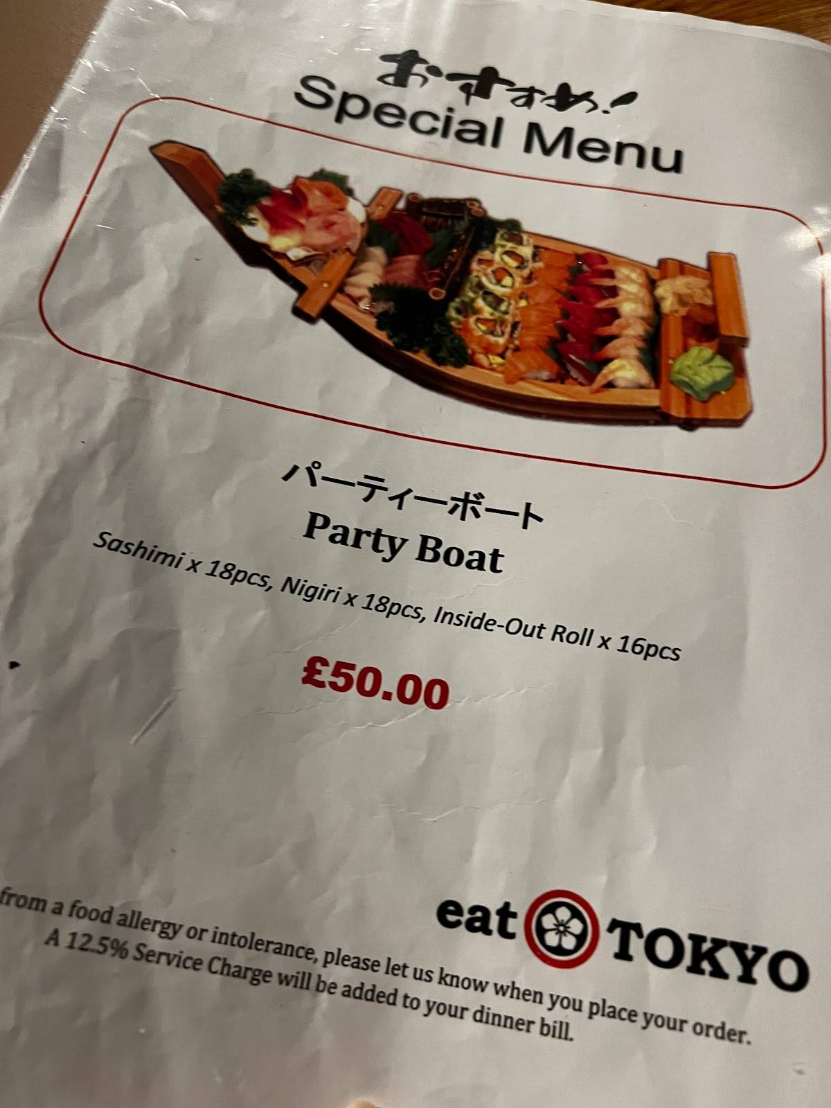 Menu at Eat Tokyo restaurant, London, 50 Red Lion St