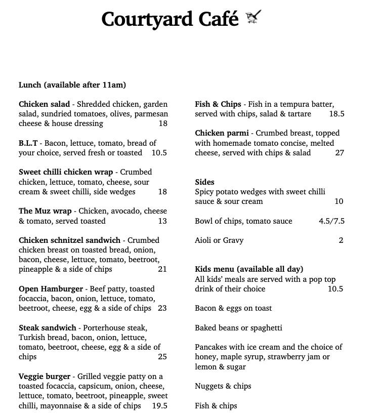 Menu at The Wren Courtyard cafe, Echuca