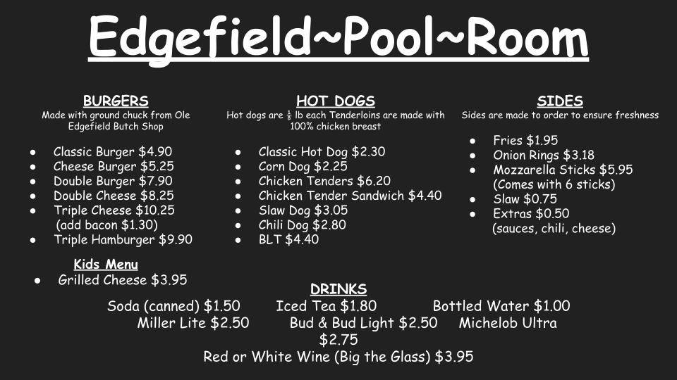 Menu at Edgefield Pool Room restaurant, Edgefield