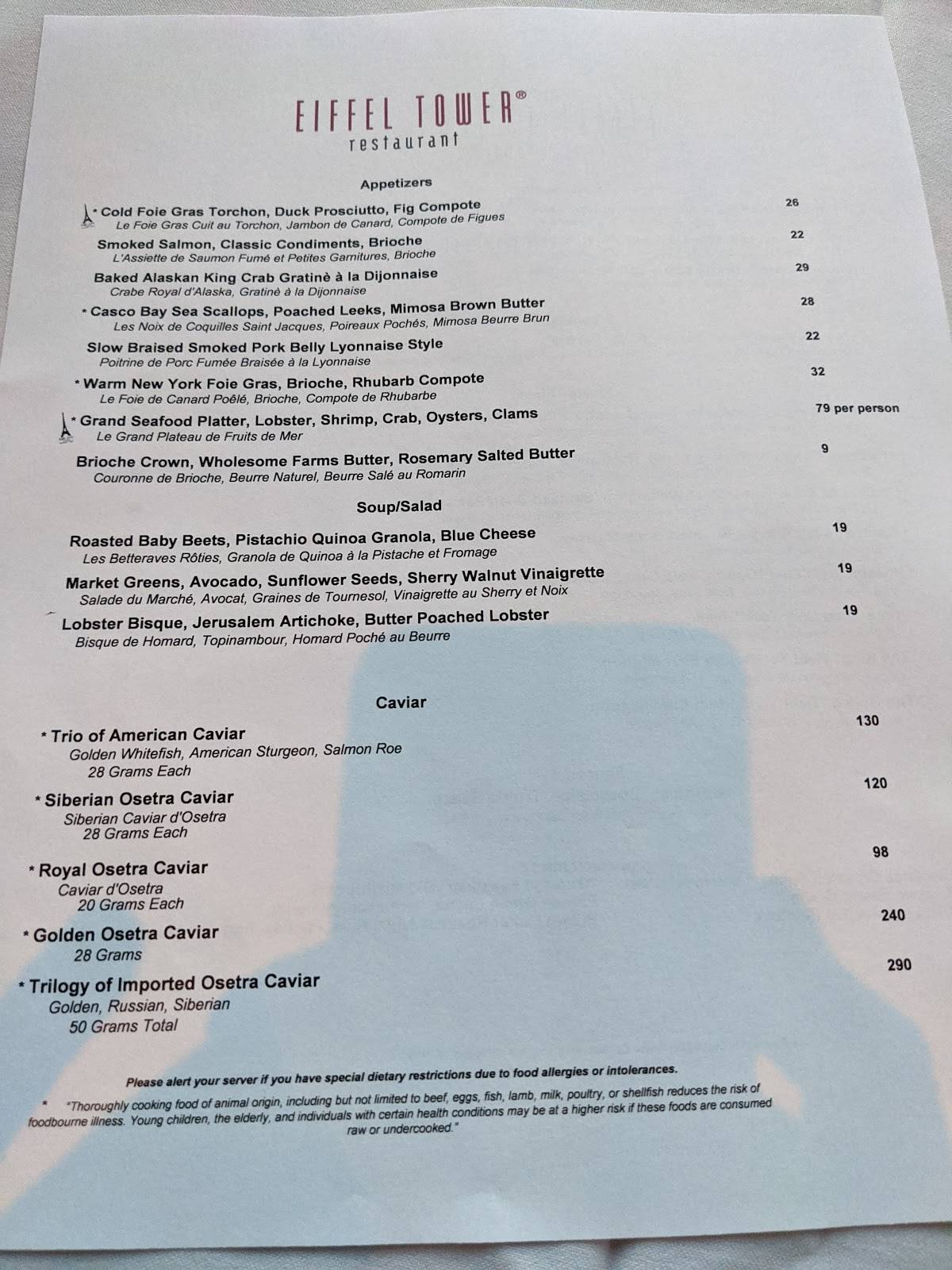 Menu at Eiffel Tower Restaurant, Las Vegas, S Las Vegas Blvd