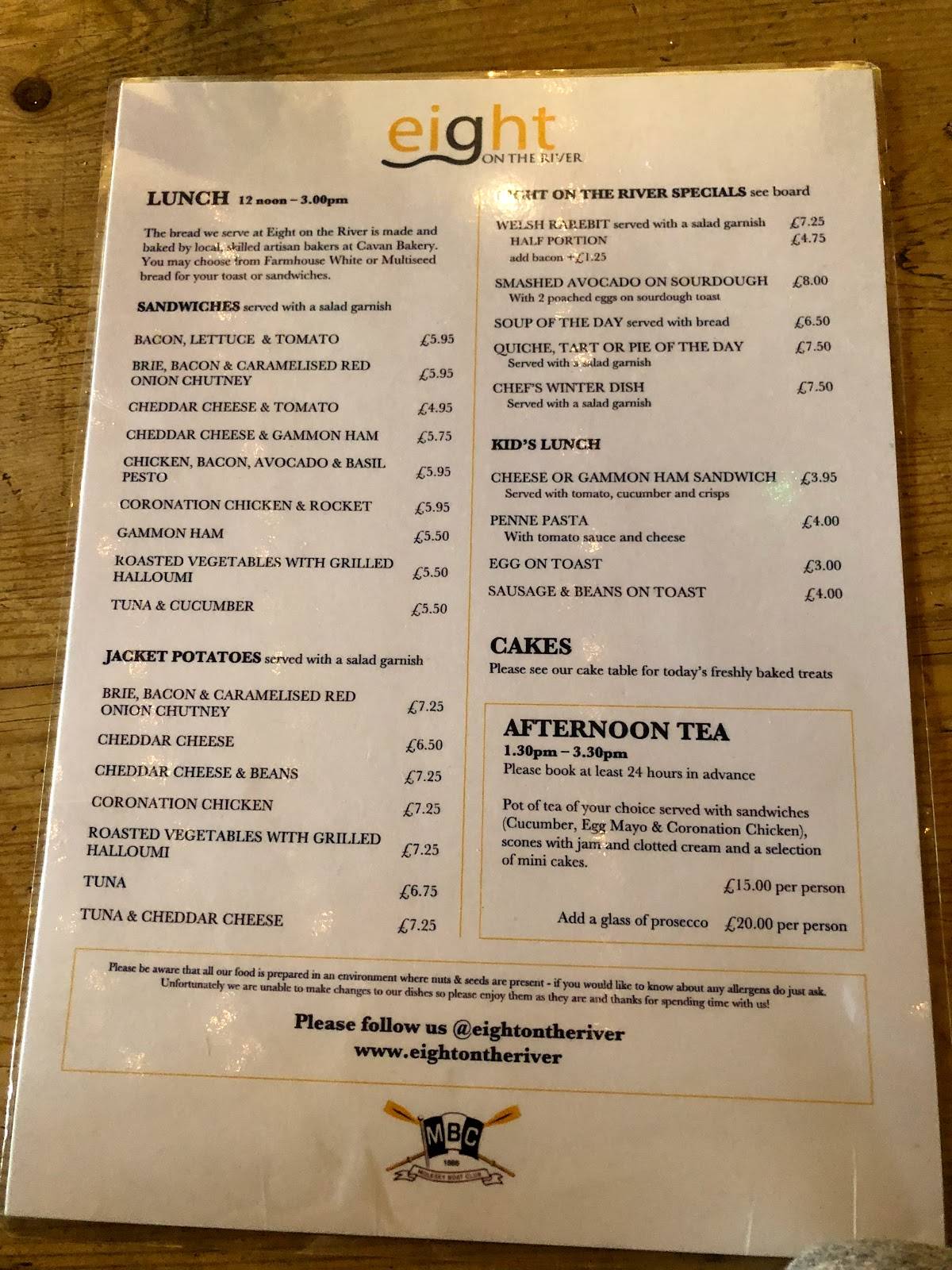 Menu at Eight on the River at Molesey Boat Club, East Molesey