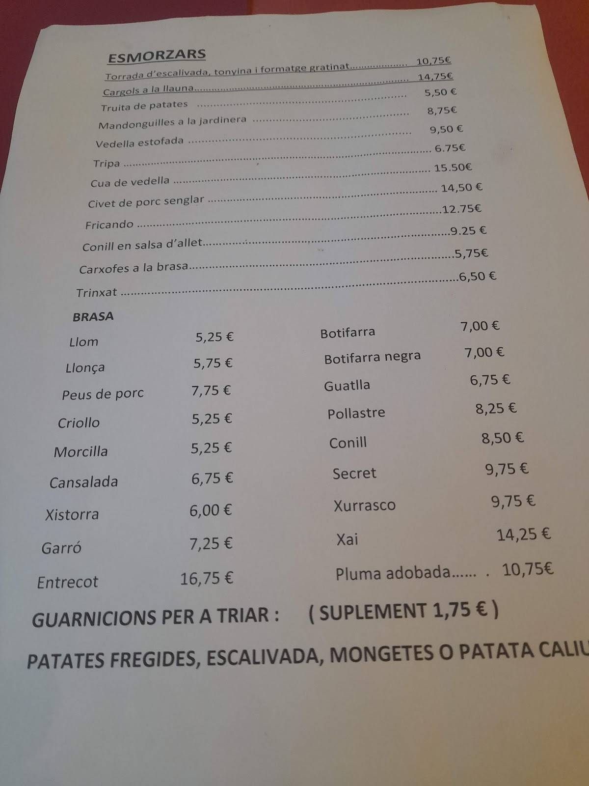 Carta del restaurante El Celler d'Ordal, Ordal