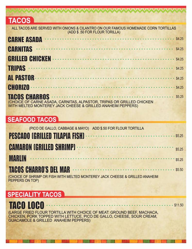 Menu at El Charro Mexican Restaurant, Bullhead City