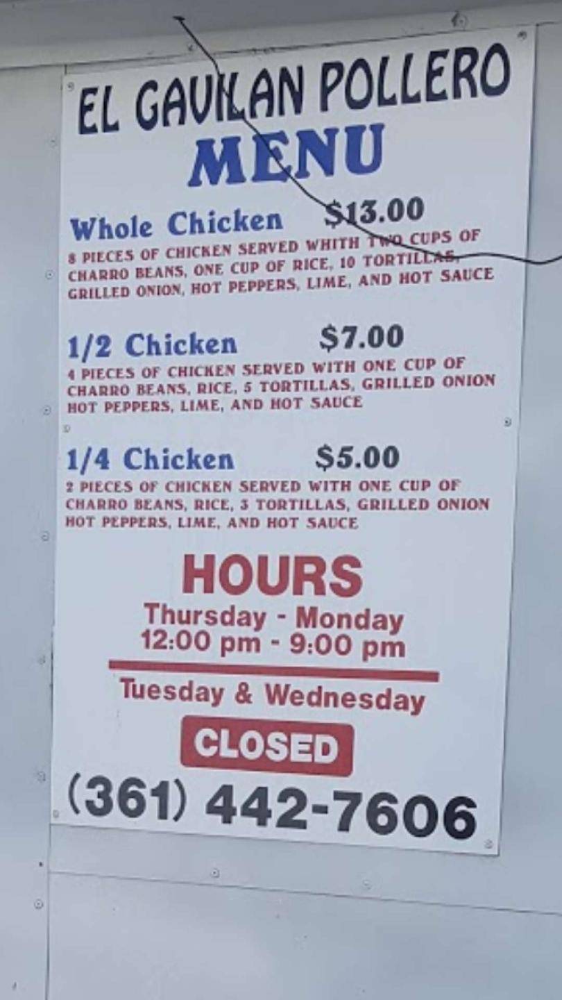 Menu at El Gavilan Pollero restaurant, Corpus Christi