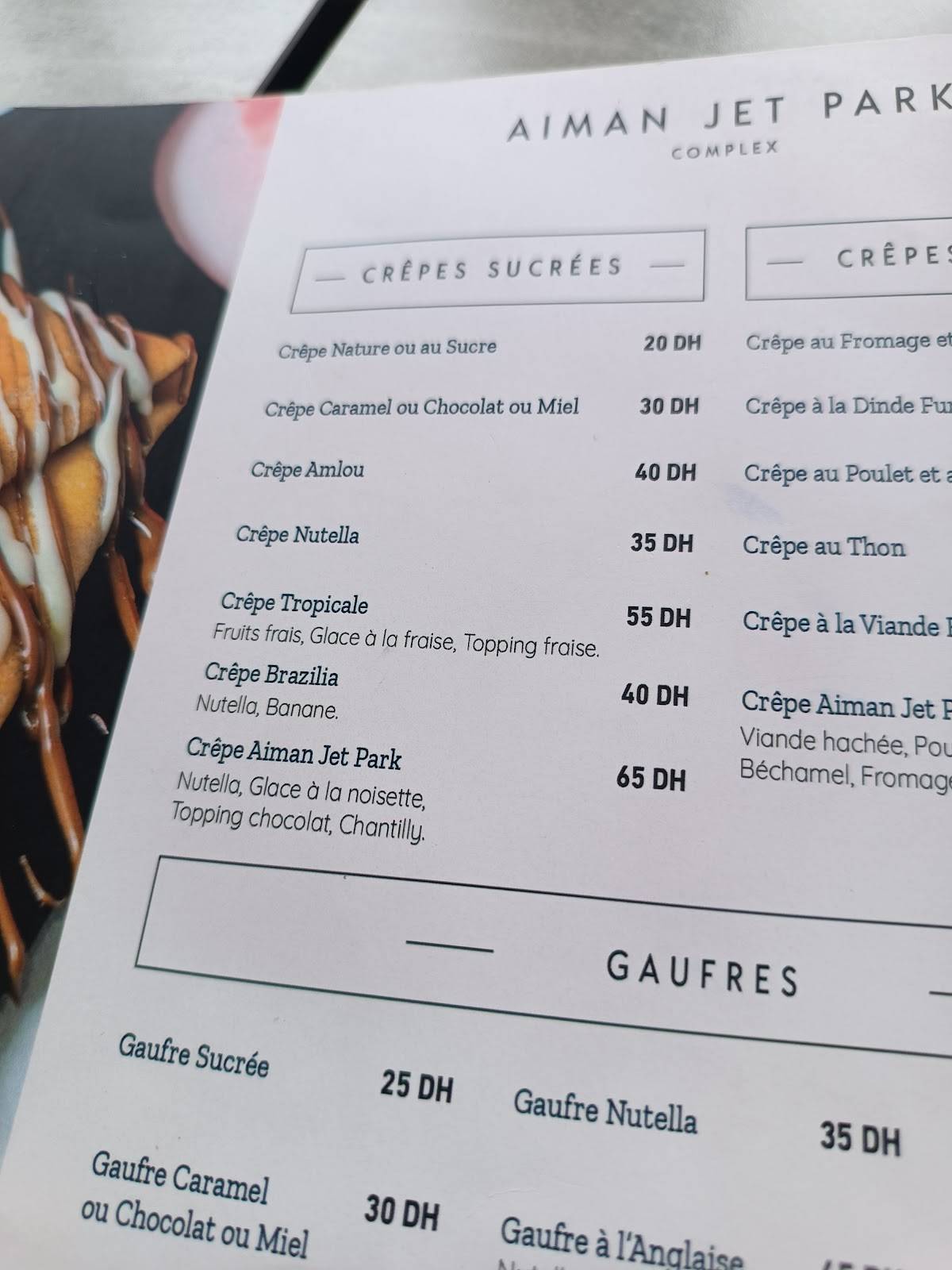 Menu au Aiman Jet Park café, Al Hoceima