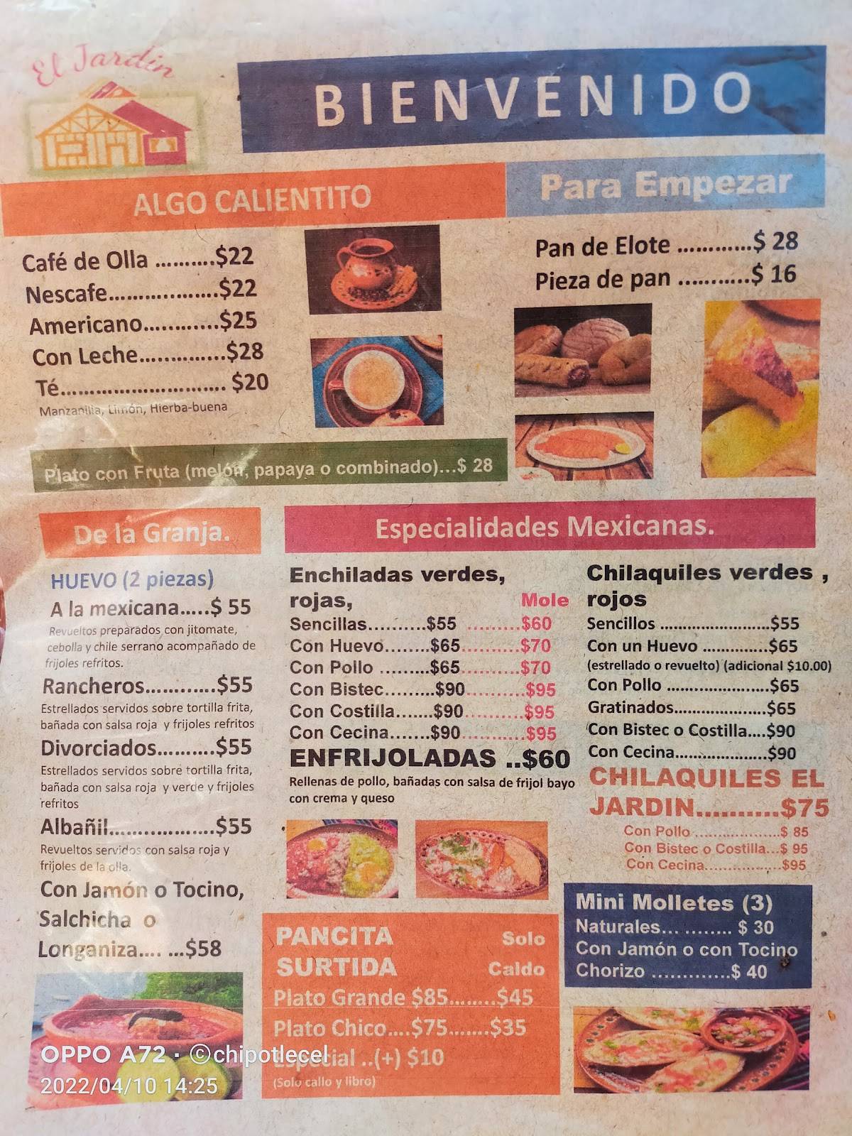 Menu at El Jardin restaurant, Mexico, Av Aleta 110