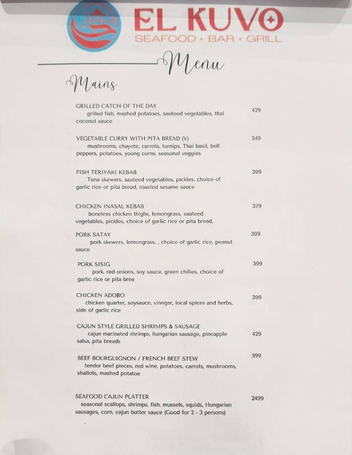 Menu at El Kuvo restaurant, Coron