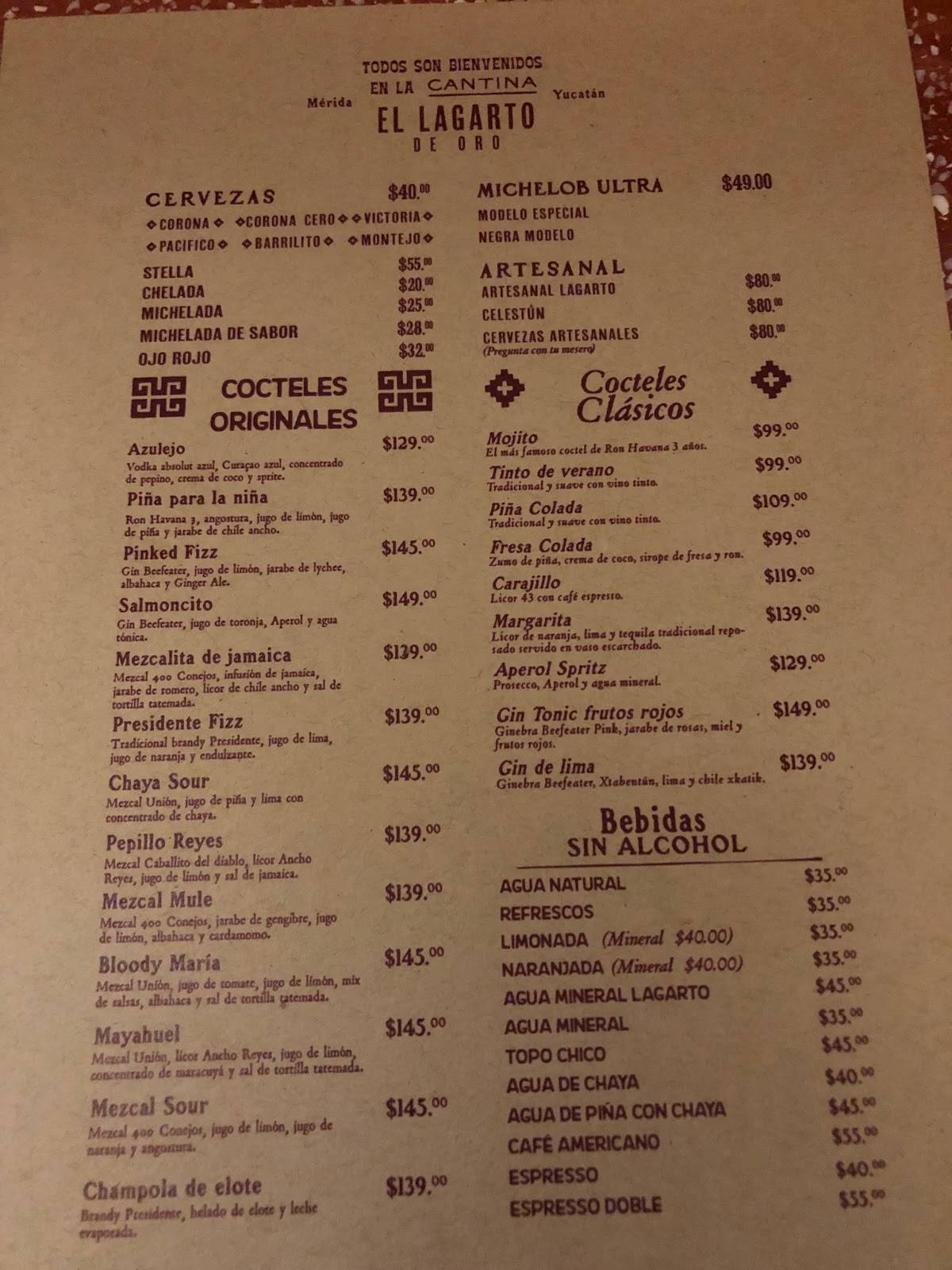 Menu at El Lagarto de Oro restaurant, Merida