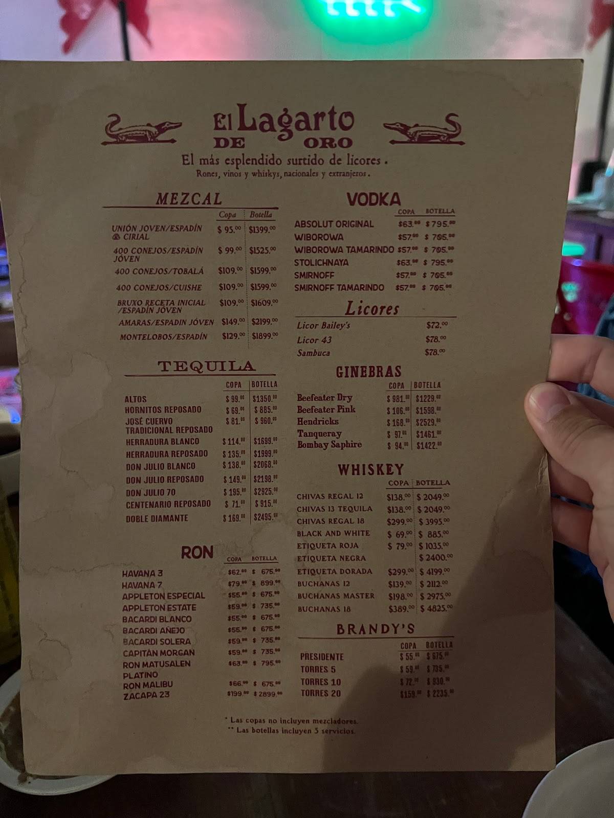 Menu at El Lagarto de Oro restaurant, Merida