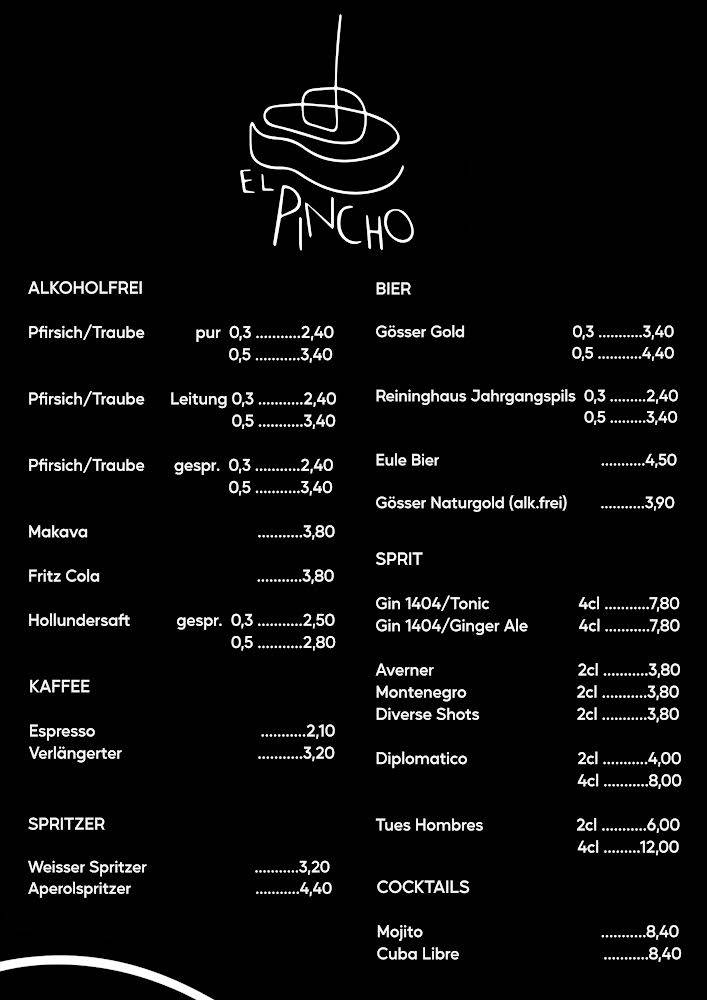 Carta del pub y bar El Pincho, Graz