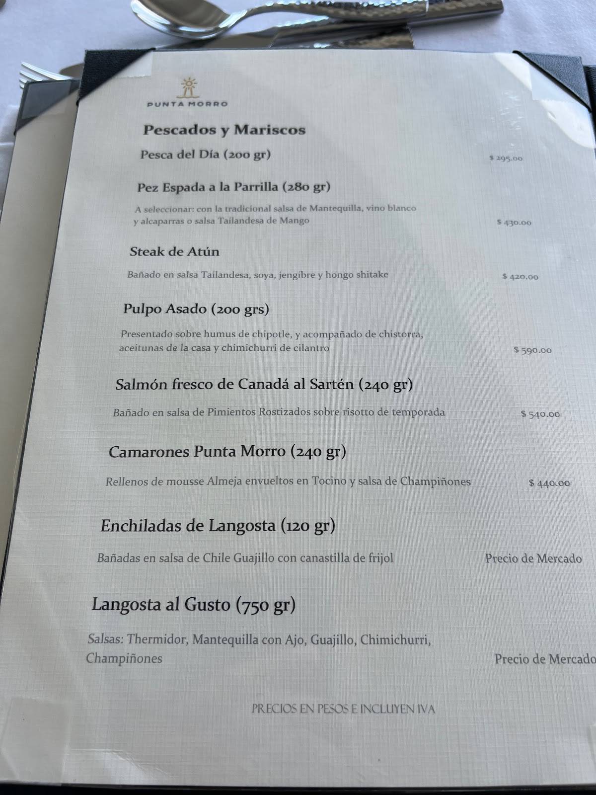 Carta de El Restaurante en Punta Morro, Ensenada