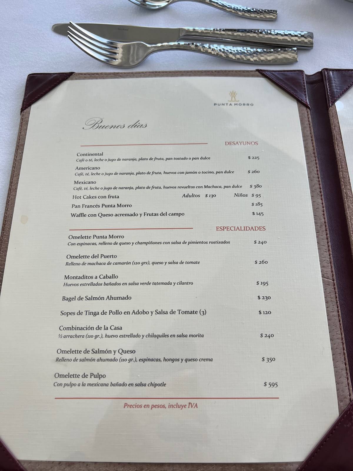 Carta de El Restaurante en Punta Morro, Ensenada