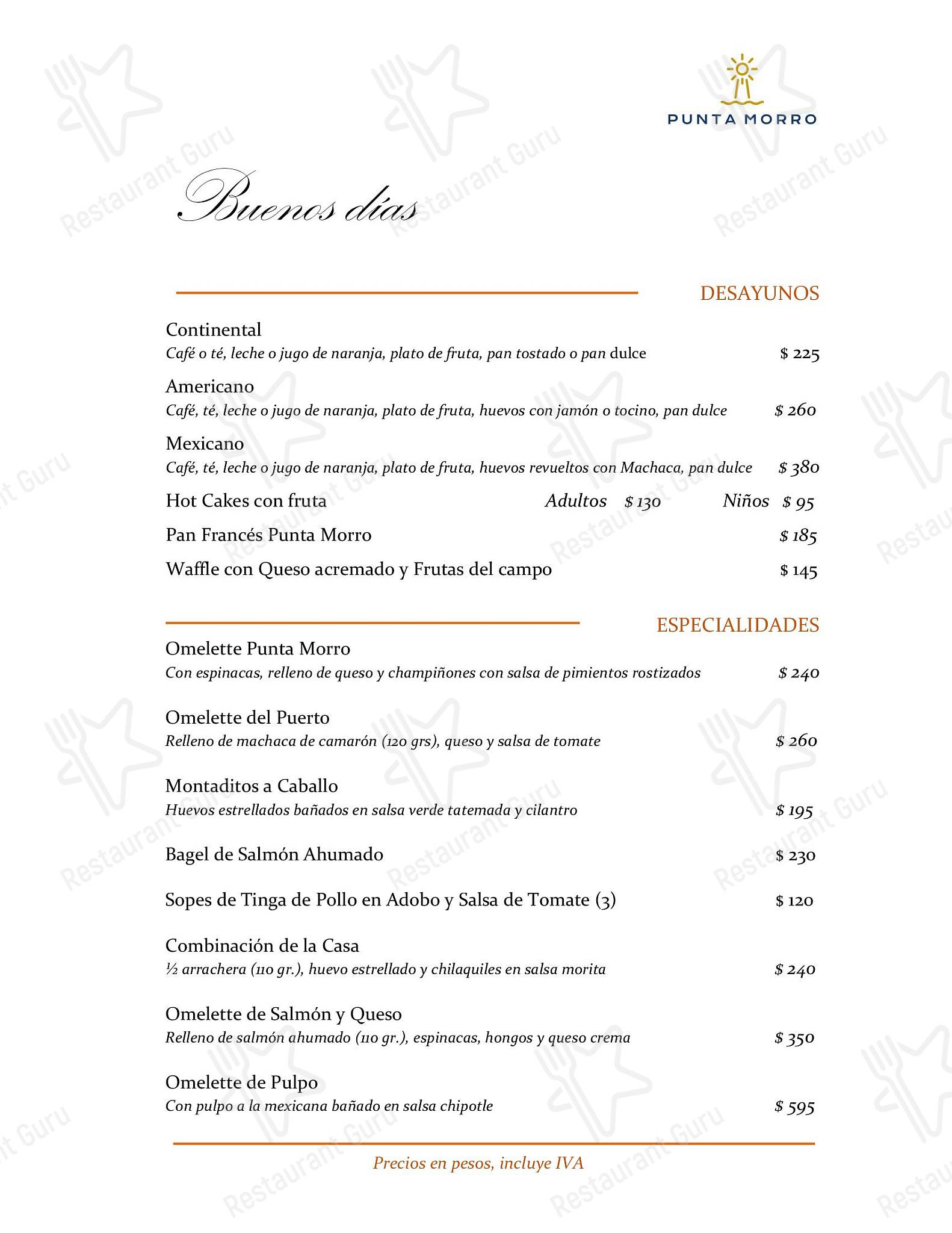Carta de El Restaurante en Punta Morro, Ensenada