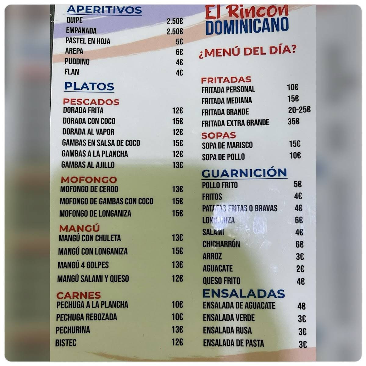 Carta del restaurante El Rincon Dominicano Bcn, Barcelona