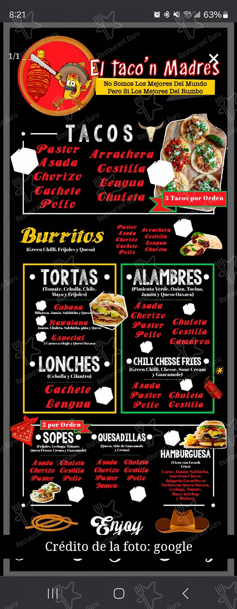 Menu at El Tacon Madres restaurant, Brighton