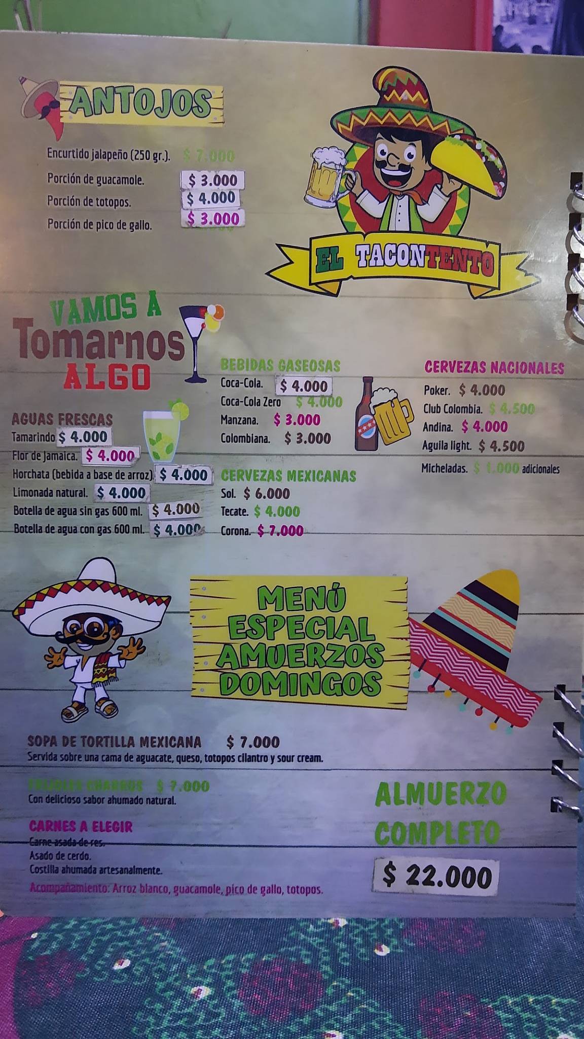 Carta del restaurante El Tacontento, Cali, Avenida 3HN #52-10