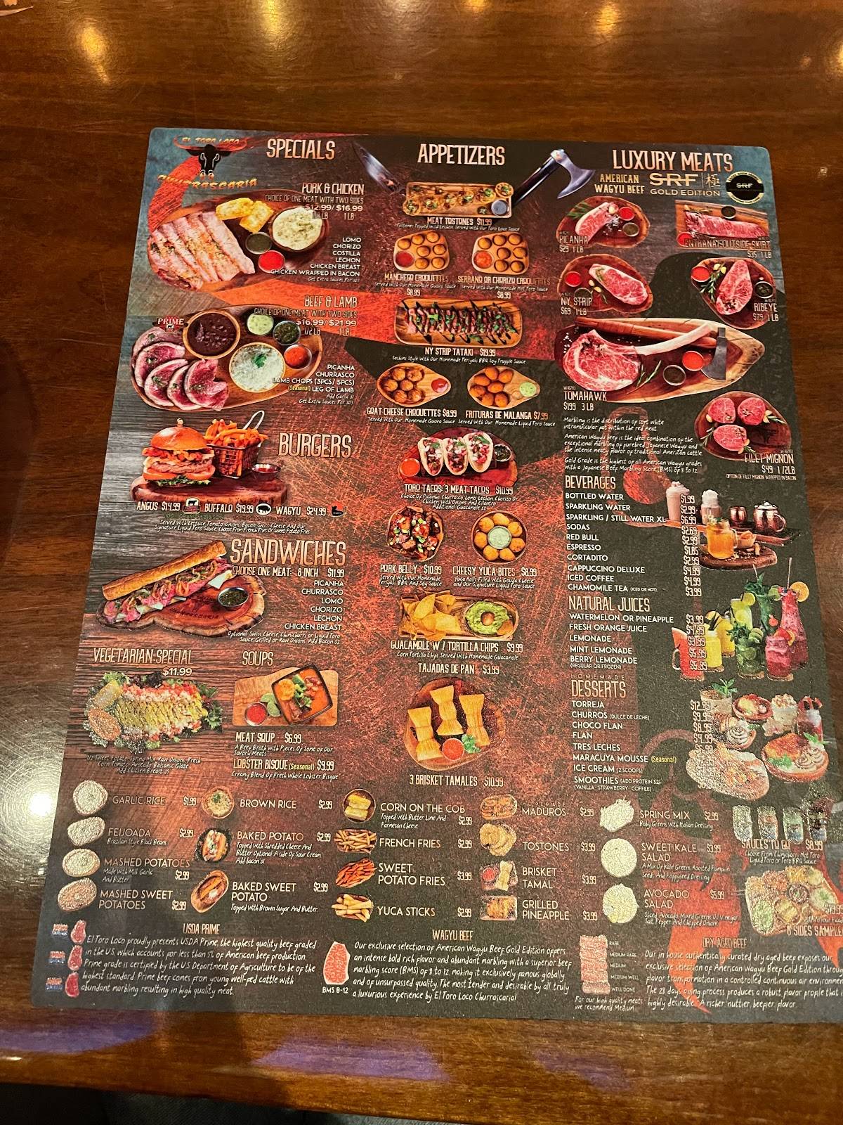 Menu at El Toro Loco Churrascaria steakhouse, Tamiami, SW 8th St
