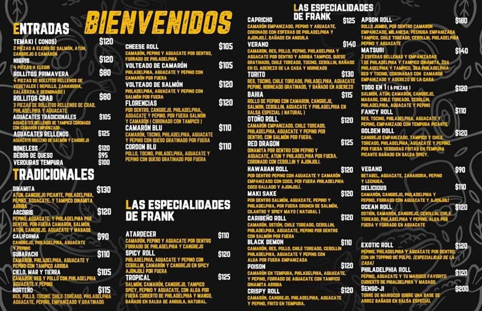 Carta del restaurante El sushi del Frank, Agua Prieta