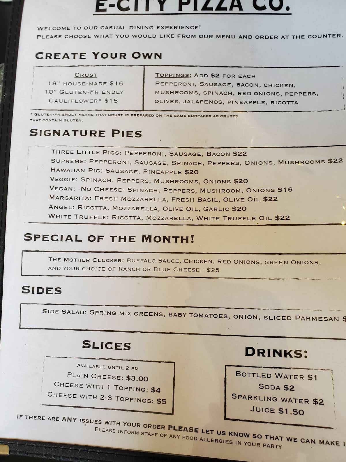 Menu at Elizabeth City Pizza Company pizzeria, Elizabeth City