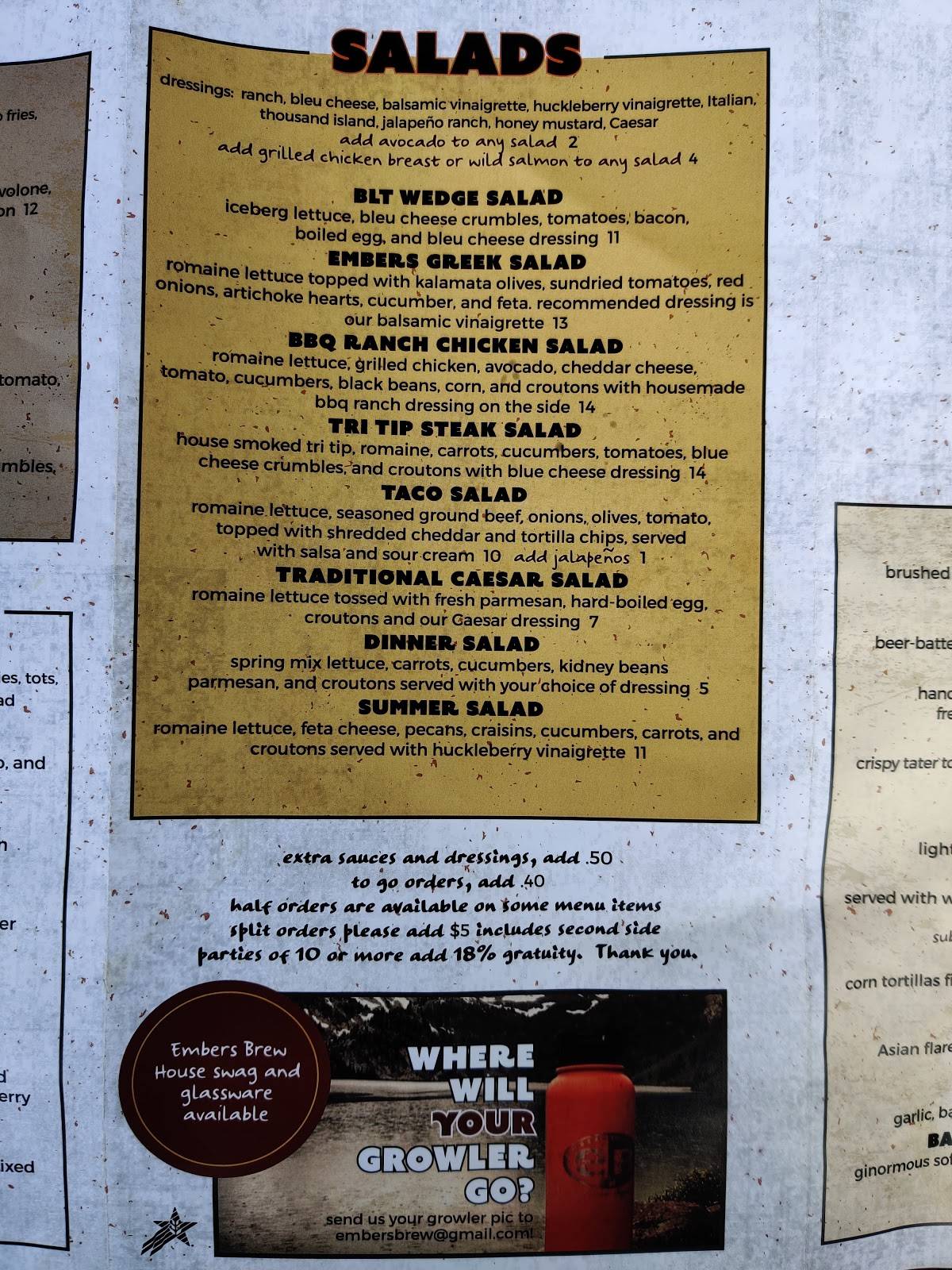 Menu at Embers Brewhouse pub & bar, Joseph
