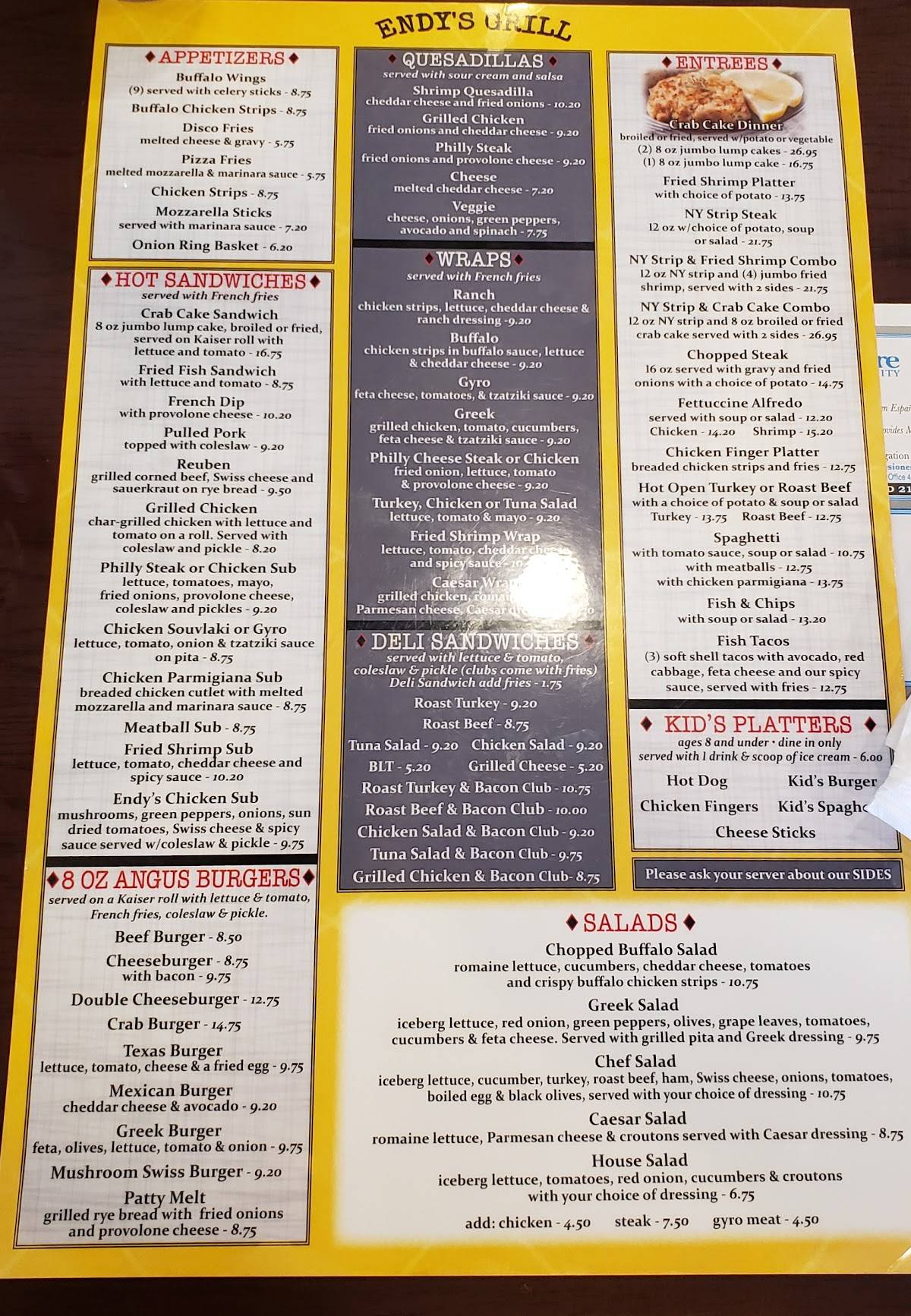 Menu at Endy's Grill restaurant, Essex, Eastern Blvd
