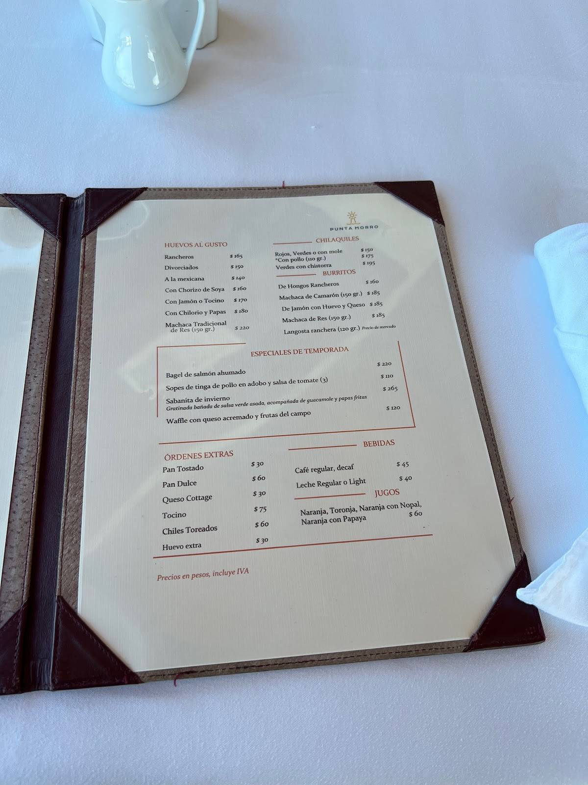 Carta de El Restaurante en Punta Morro, Ensenada