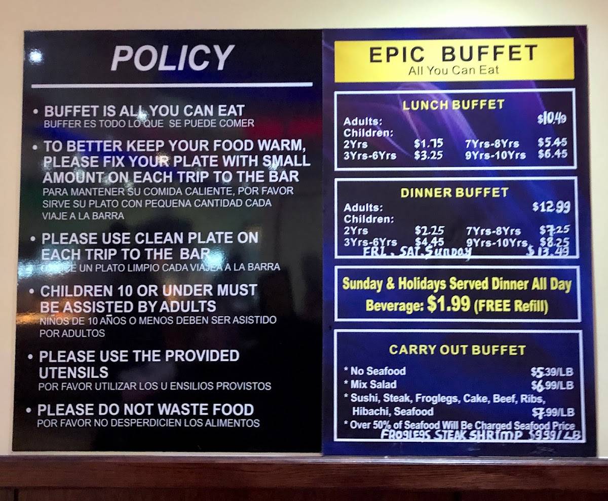 Menu at Epic Buffet restaurant, Simpsonville