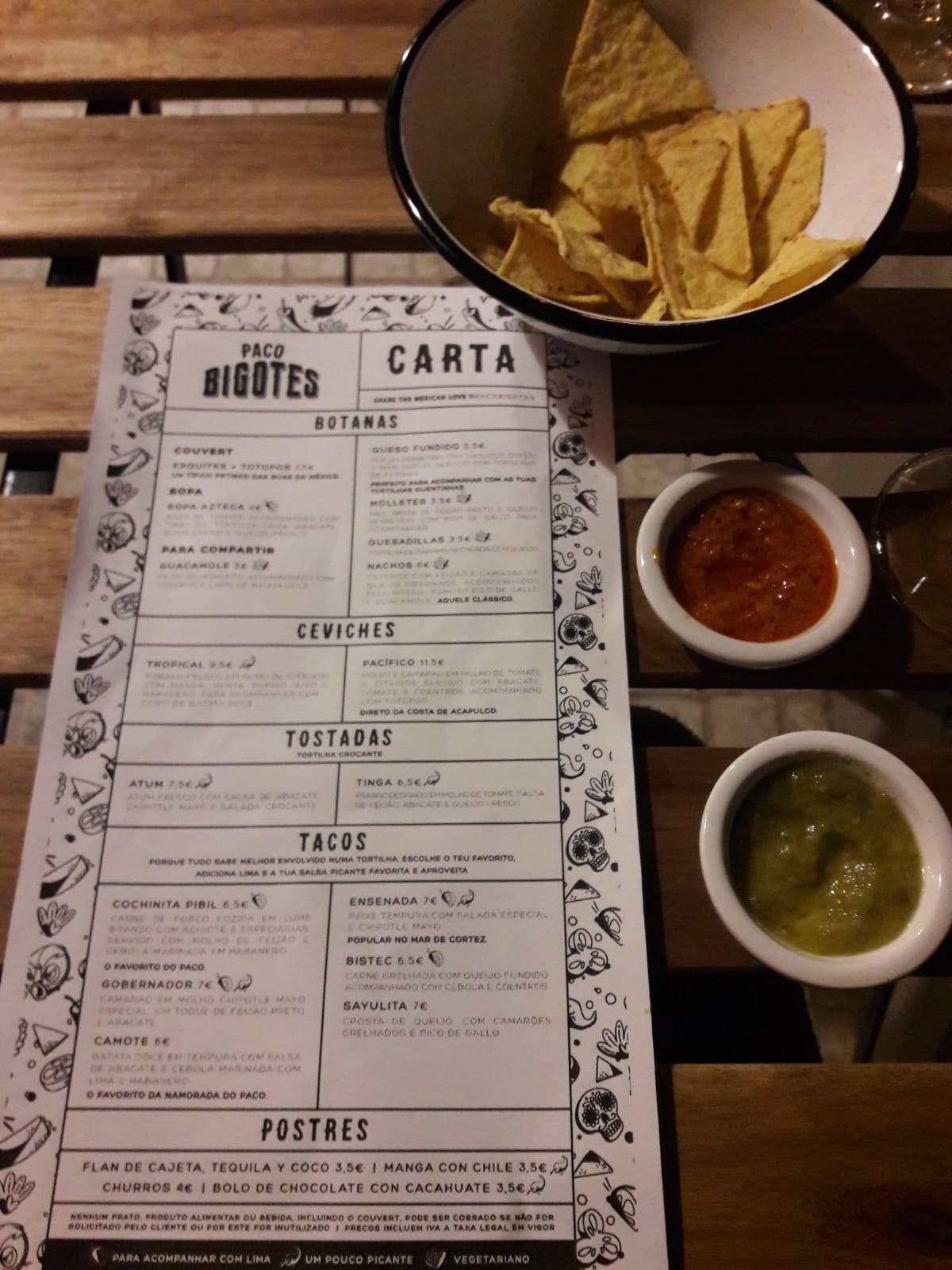 Menu at Paco Bigotes restaurant, Estoril