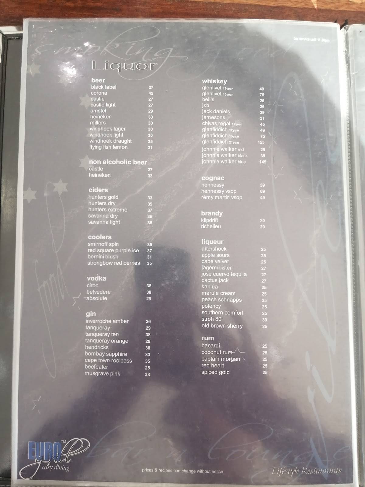 Menu at Euro Caffé cafe, Bloemfontein, U32 Mimosa Mall