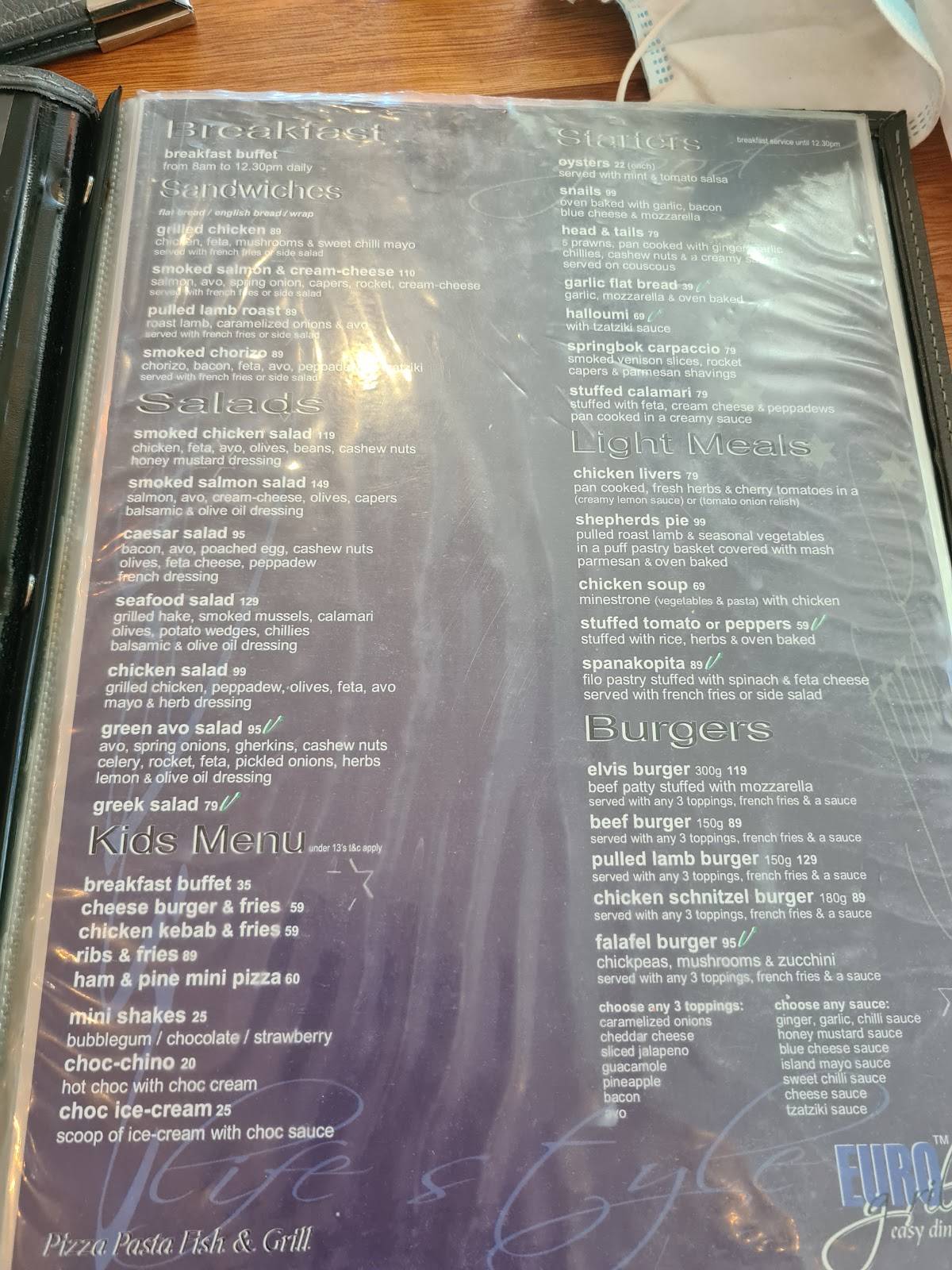 Menu at Euro Caffé cafe, Bloemfontein, U32 Mimosa Mall