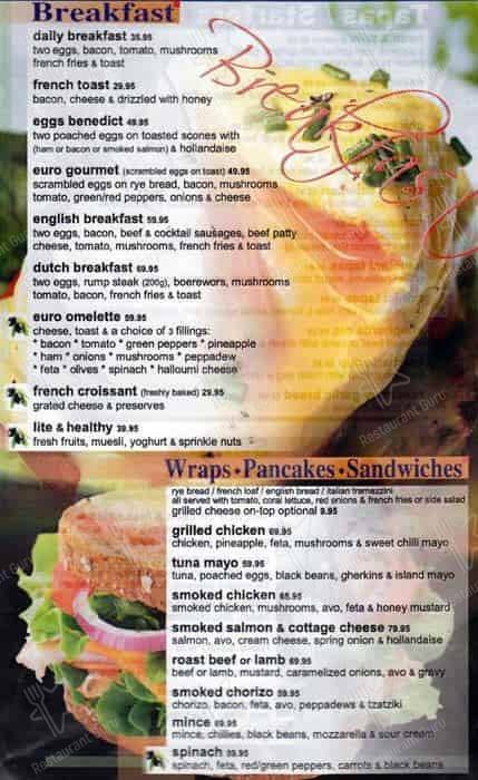 Menu at Euro Caffé cafe, Bloemfontein, U32 Mimosa Mall