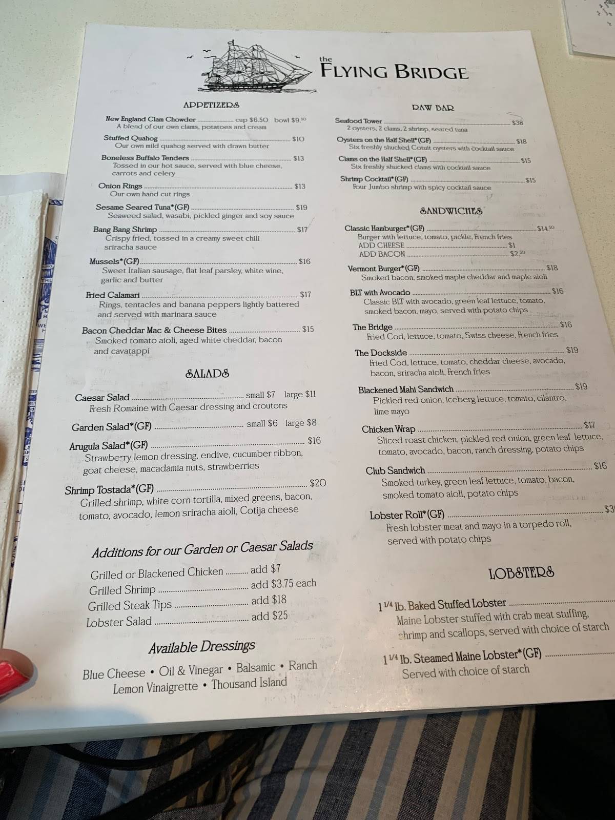 Menu at Flying Bridge Restaurant, Falmouth