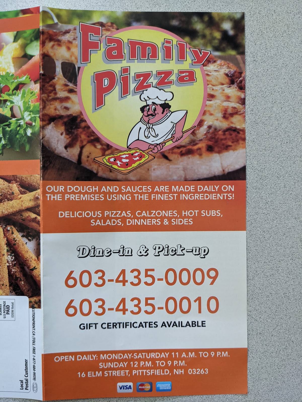 Menu at Family Pizza restaurant, Pittsfield