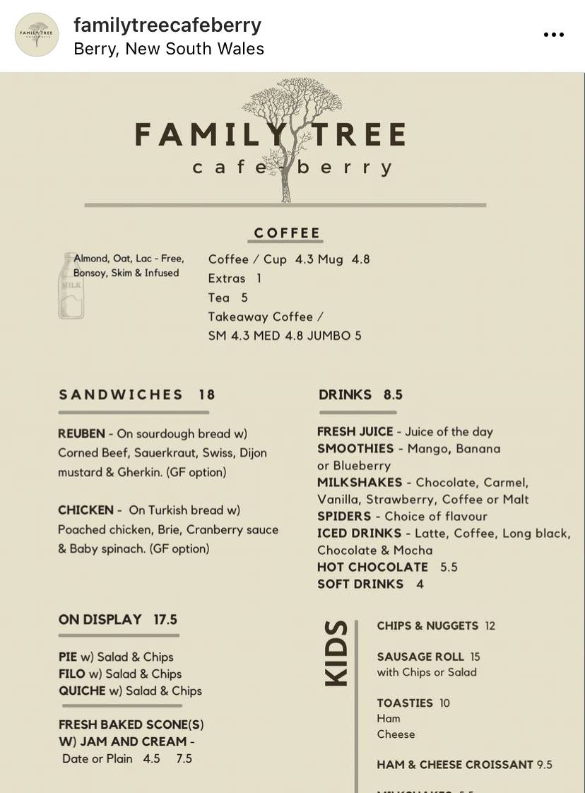 Menu at Family Tree Cafe & Restaurant, Berry