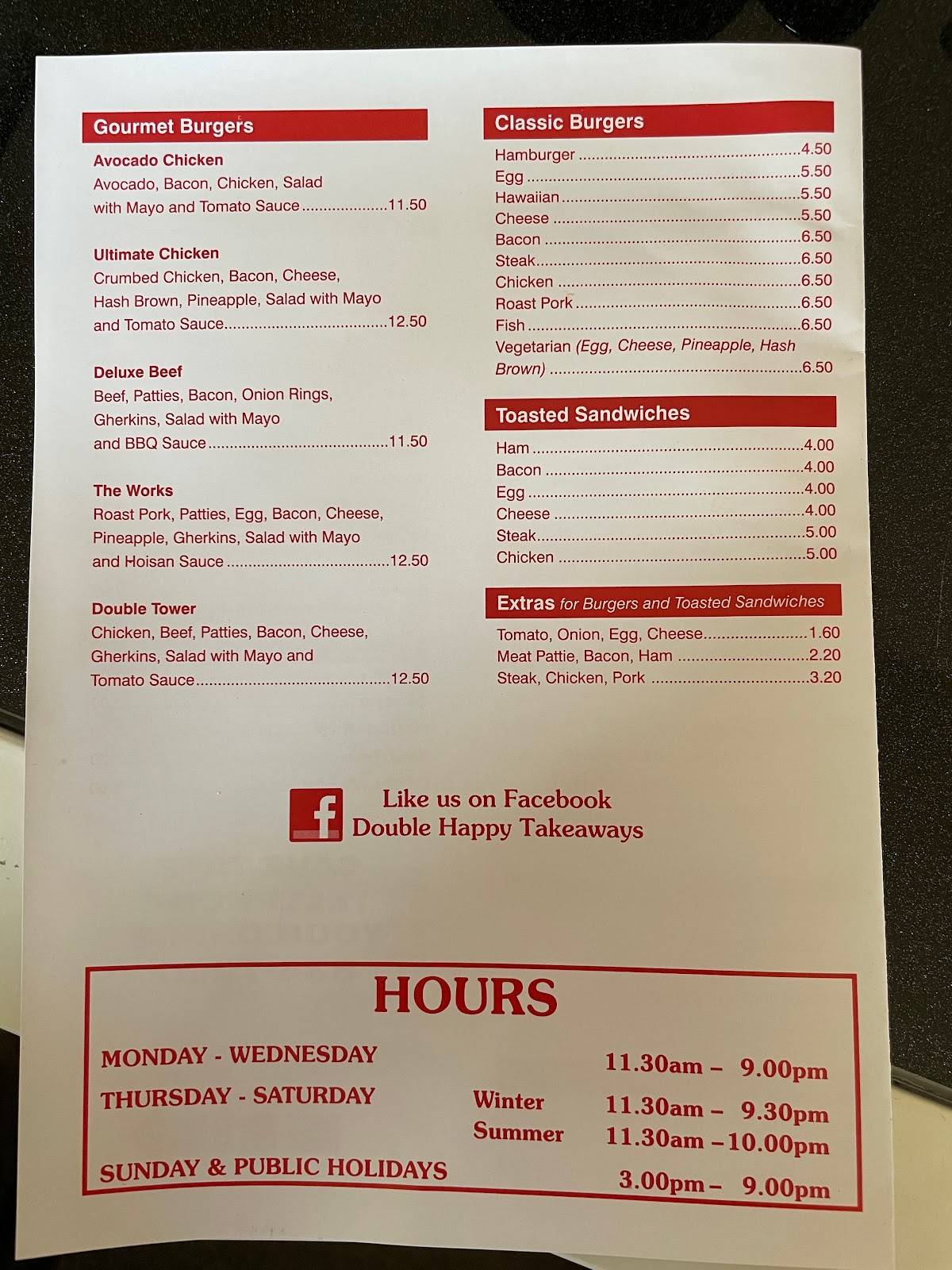 Menu at Double Happy Chinese Takeaways fast food, Auckland