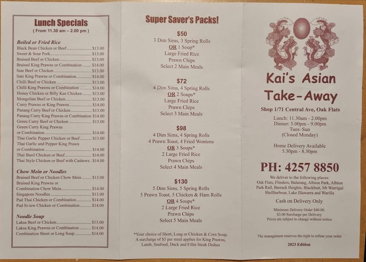 Menu at Kai's Asian Take-Away fast food, Oak Flats