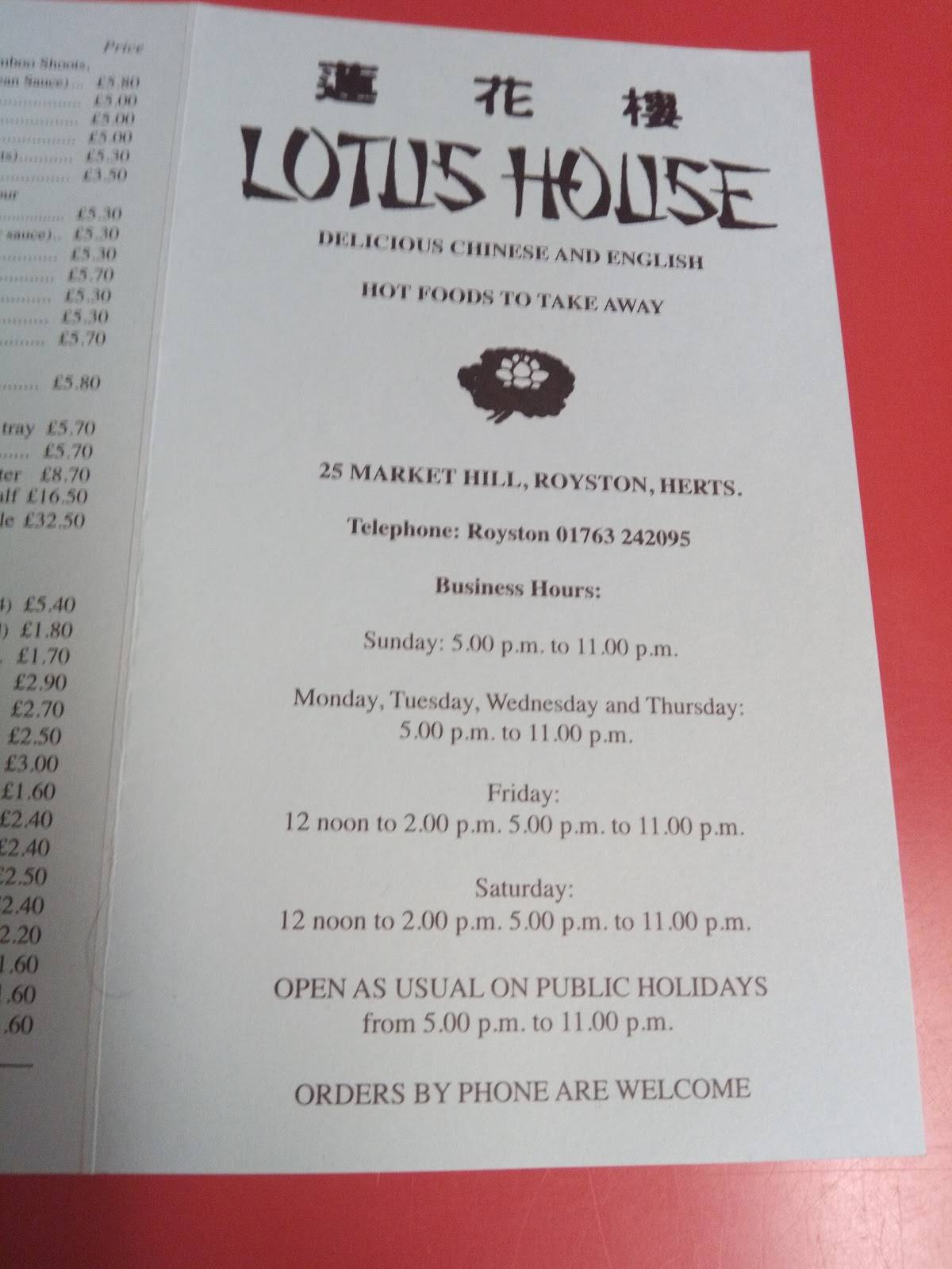 Menu at Lotus House fast food, Sheringham